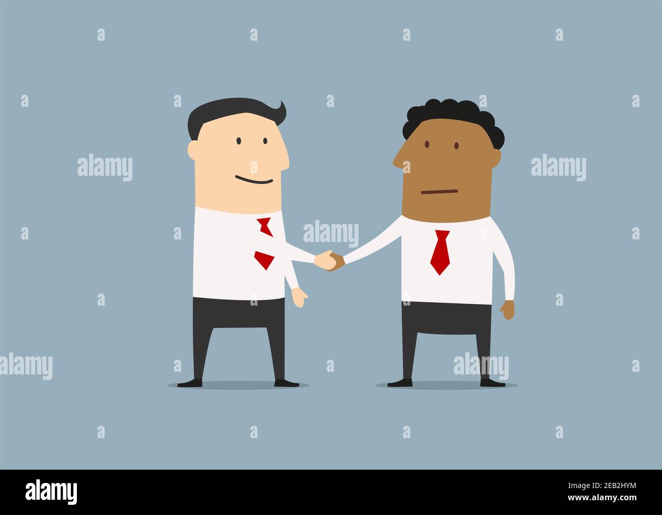 Two businessmen of different ethnicity standing shaking hands at the ...