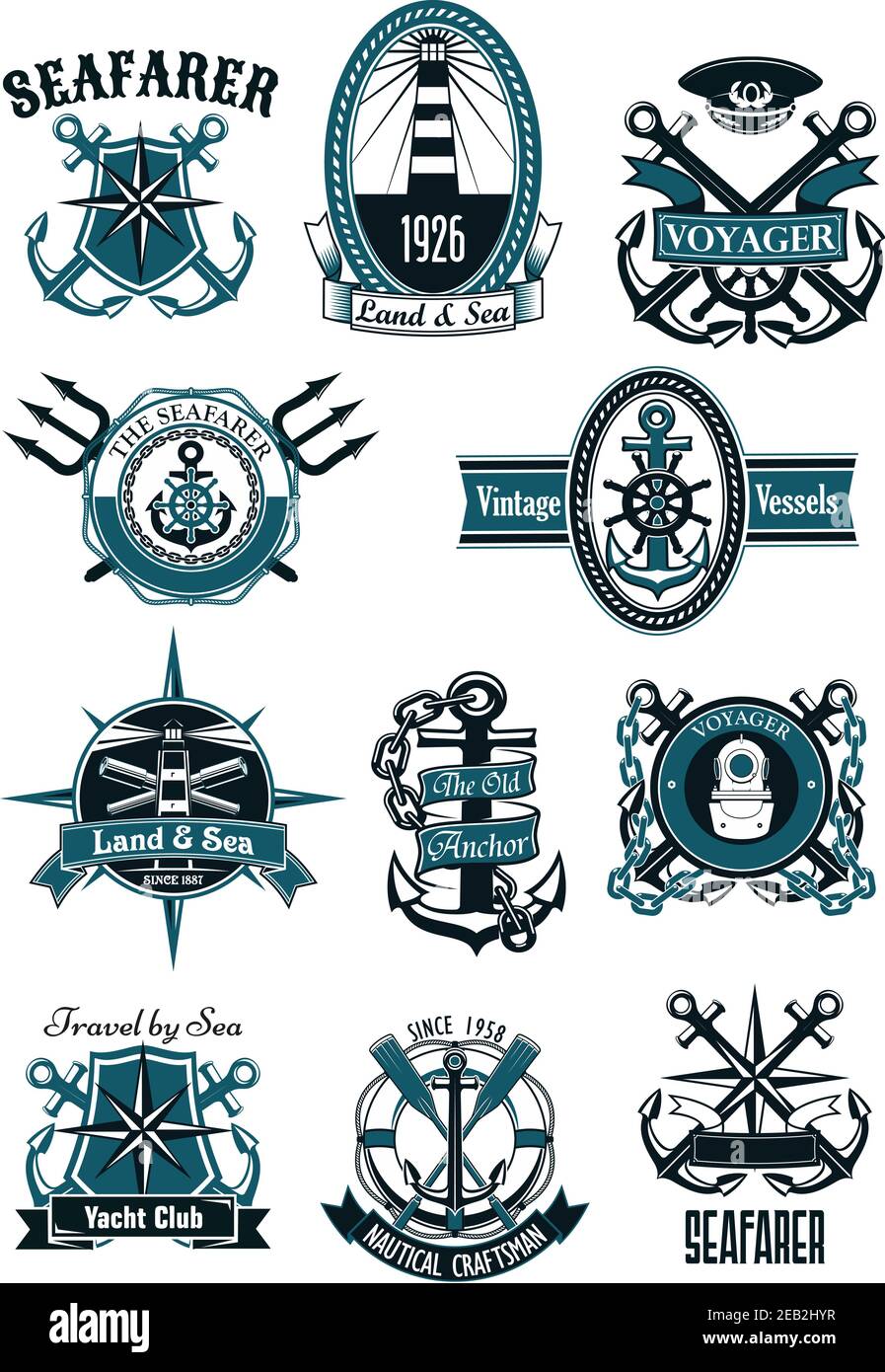Vintage nautical badges with marine anchors, helms, compass roses ...