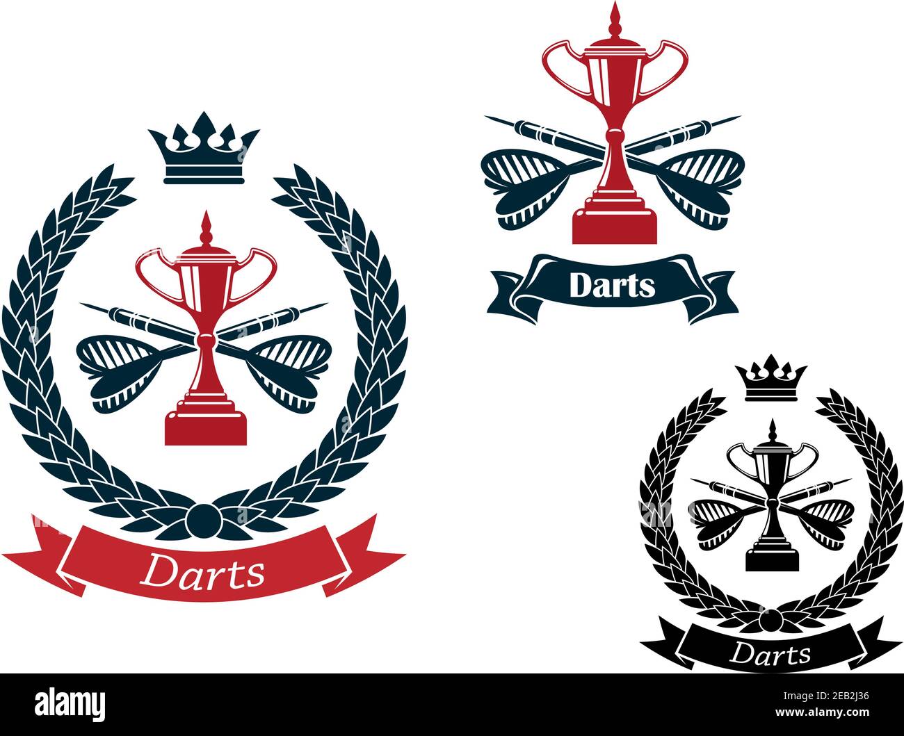 Darts game emblems with trophy cups, crossed darts arrows on the ...