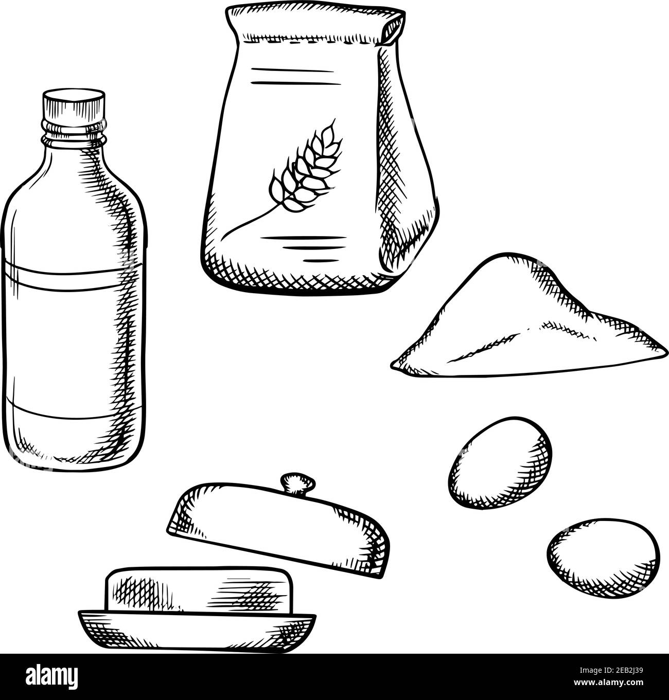 Paper bag of flour, fresh eggs, bottle of milk, and butter homemade ...