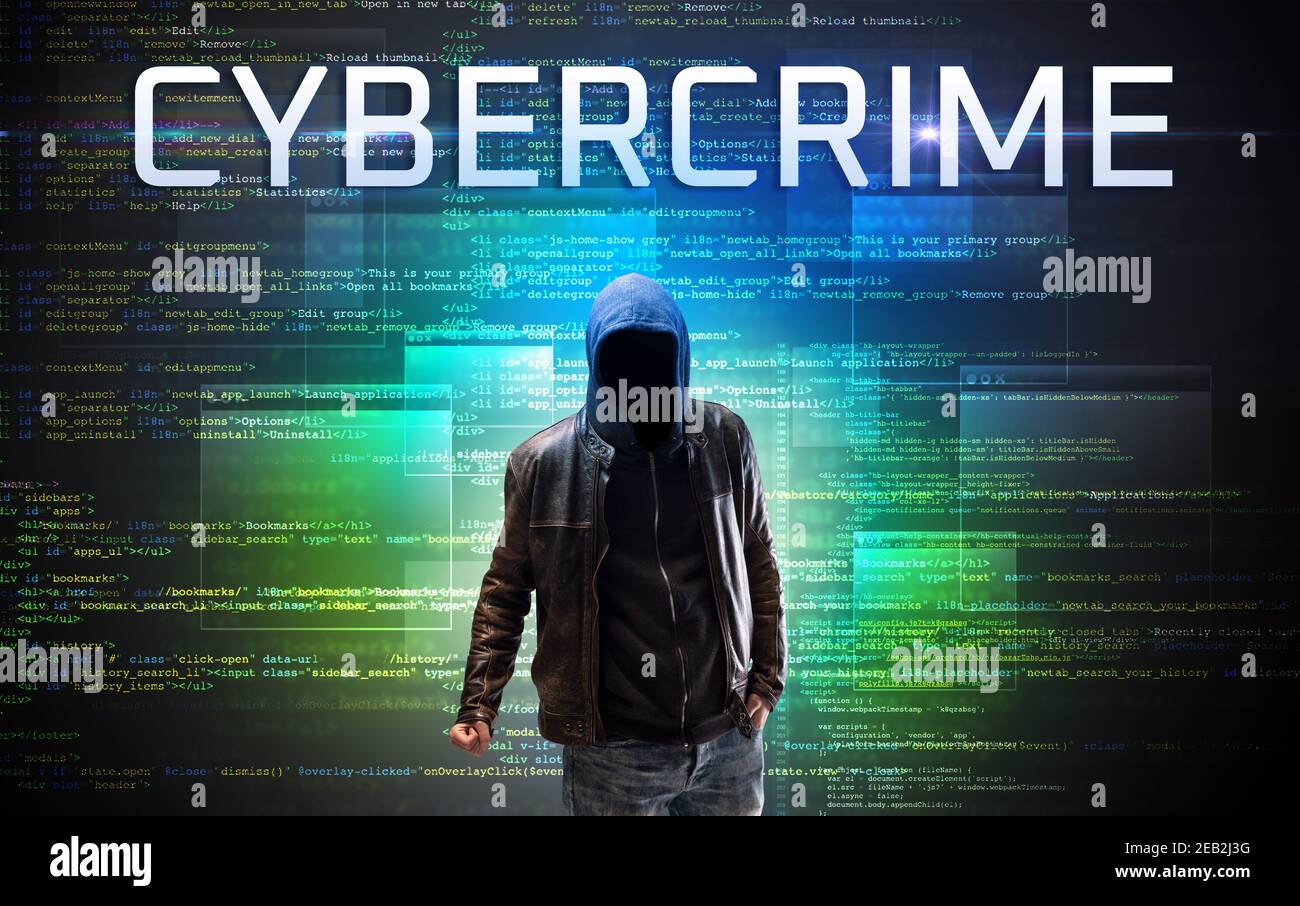 Faceless Hacker With Cybercrime Inscription On A Binary Code Background
