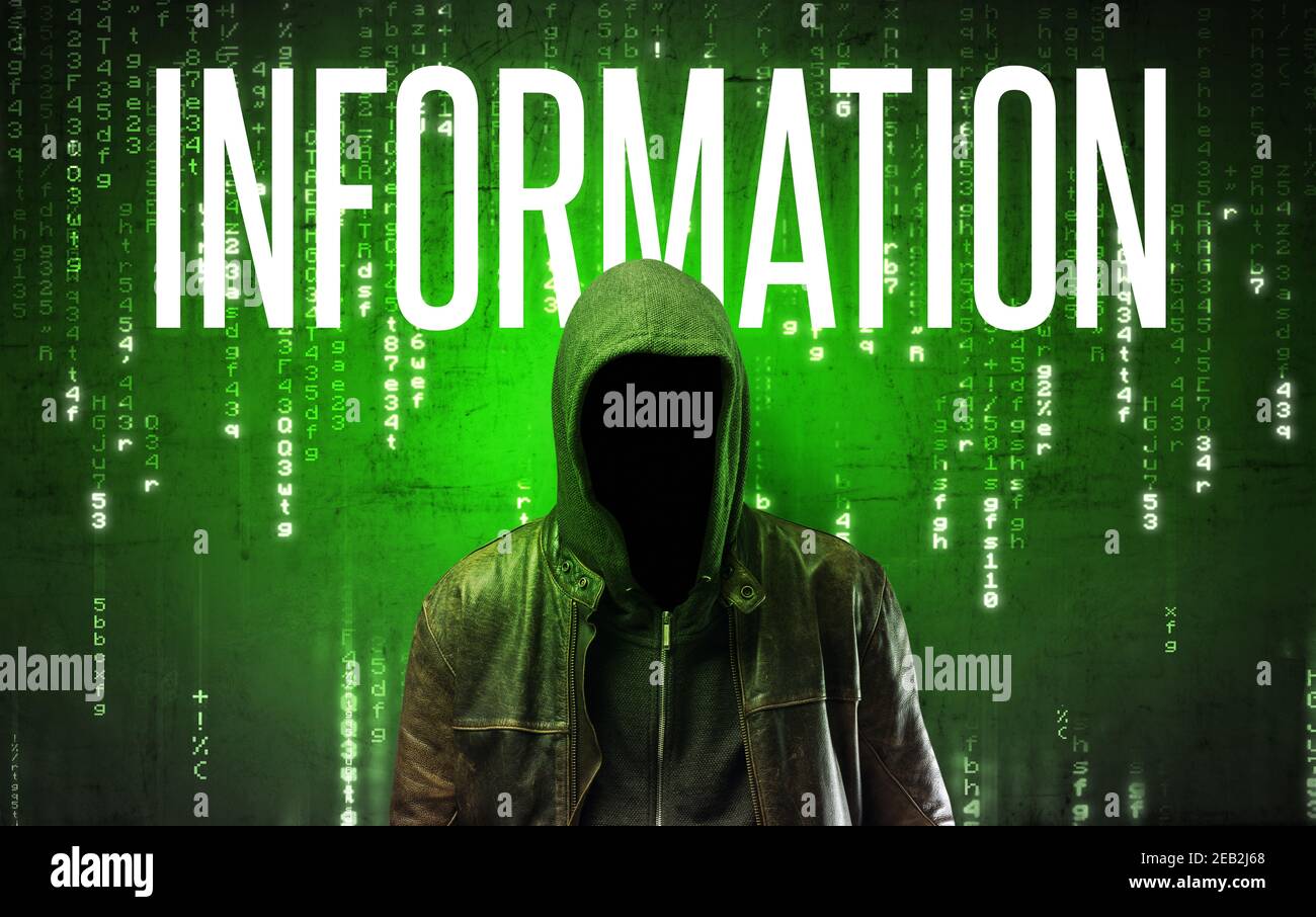 Faceless hacker with INFORMATION inscription, hacking concept Stock ...
