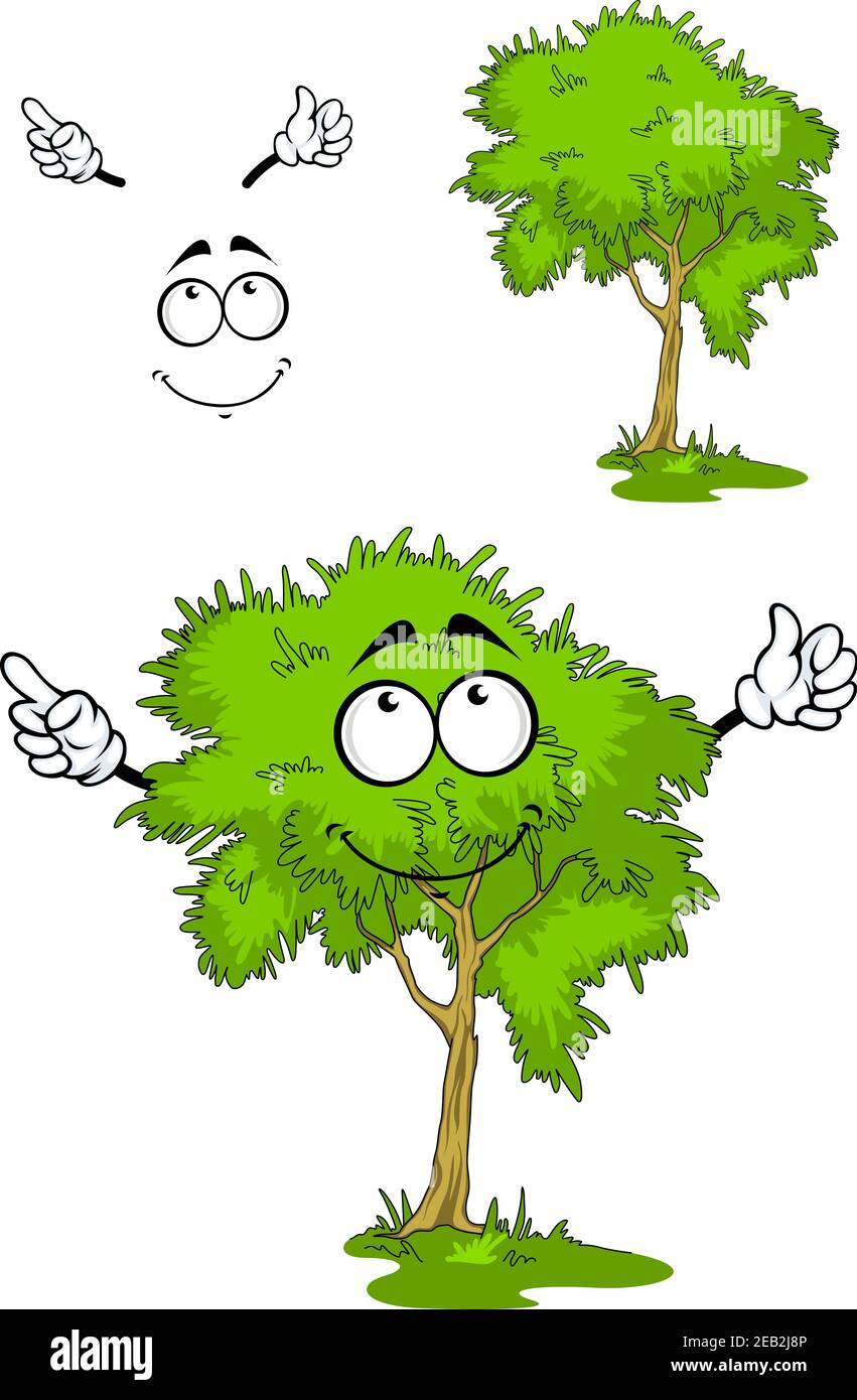 Cartoon green tree character on a grass with pensive smile, isolated on ...