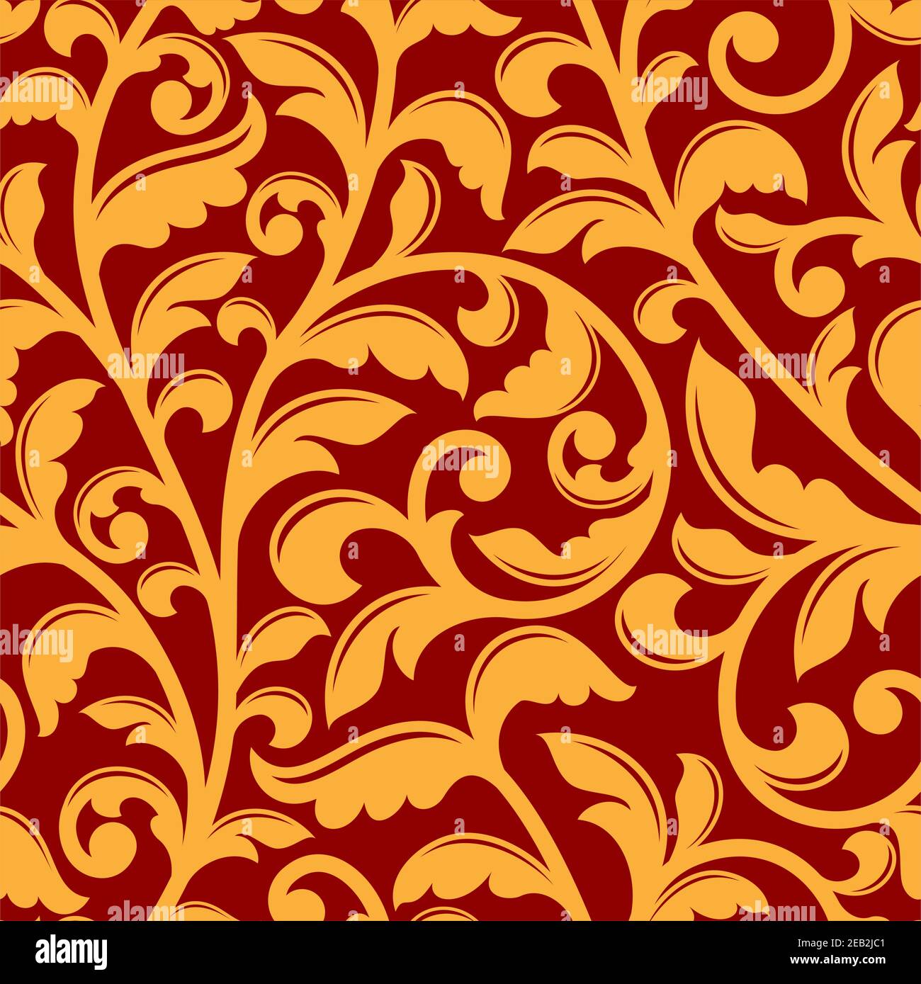 Yellow floral seamless pattern on red background with twisted stems and ...