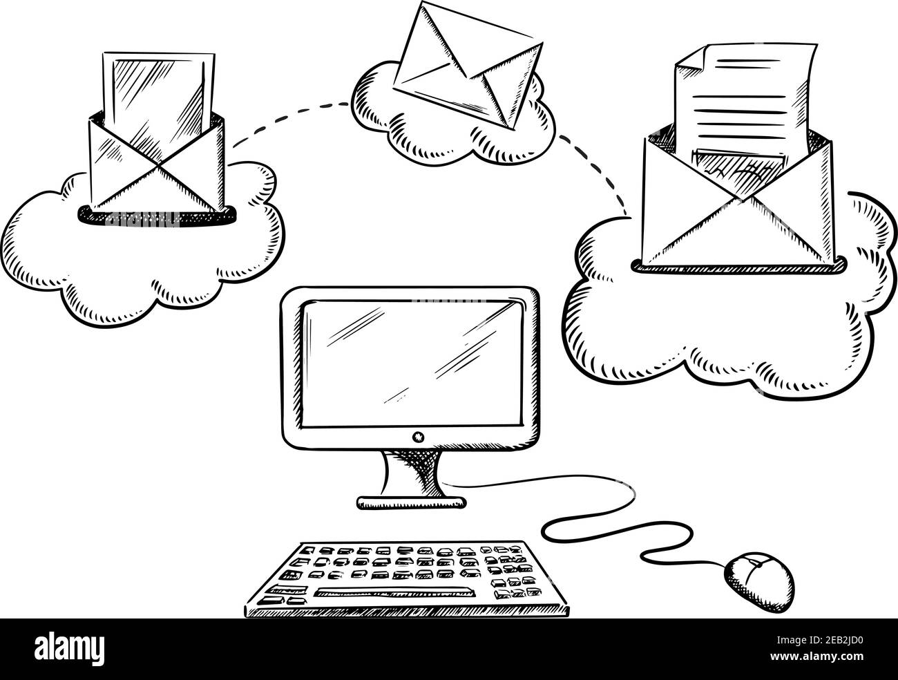 Process of sending e-mail by desktop computer with monitor, mouse and ...