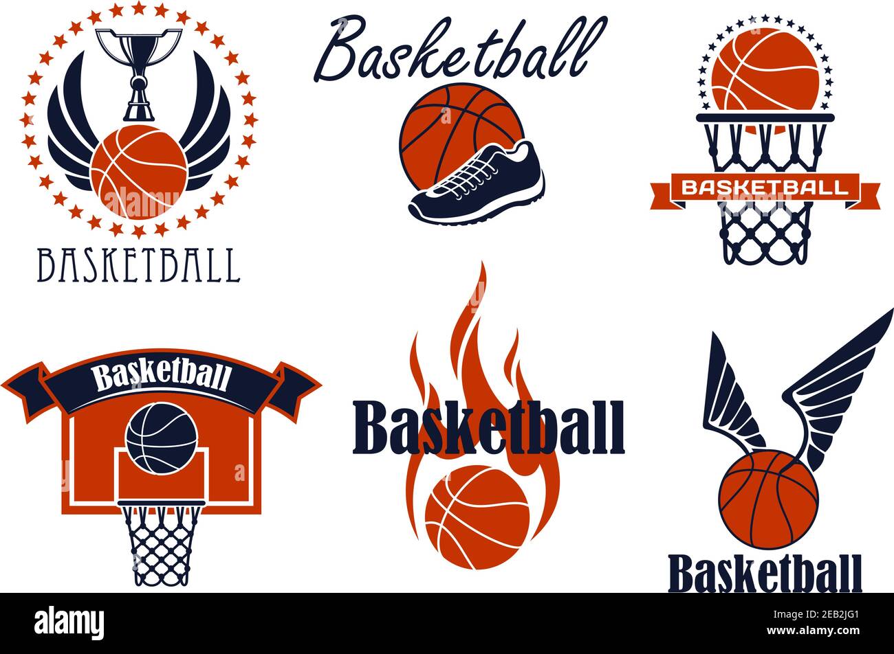 Basketball game sport icons and symbols with winged and flaming ball ...