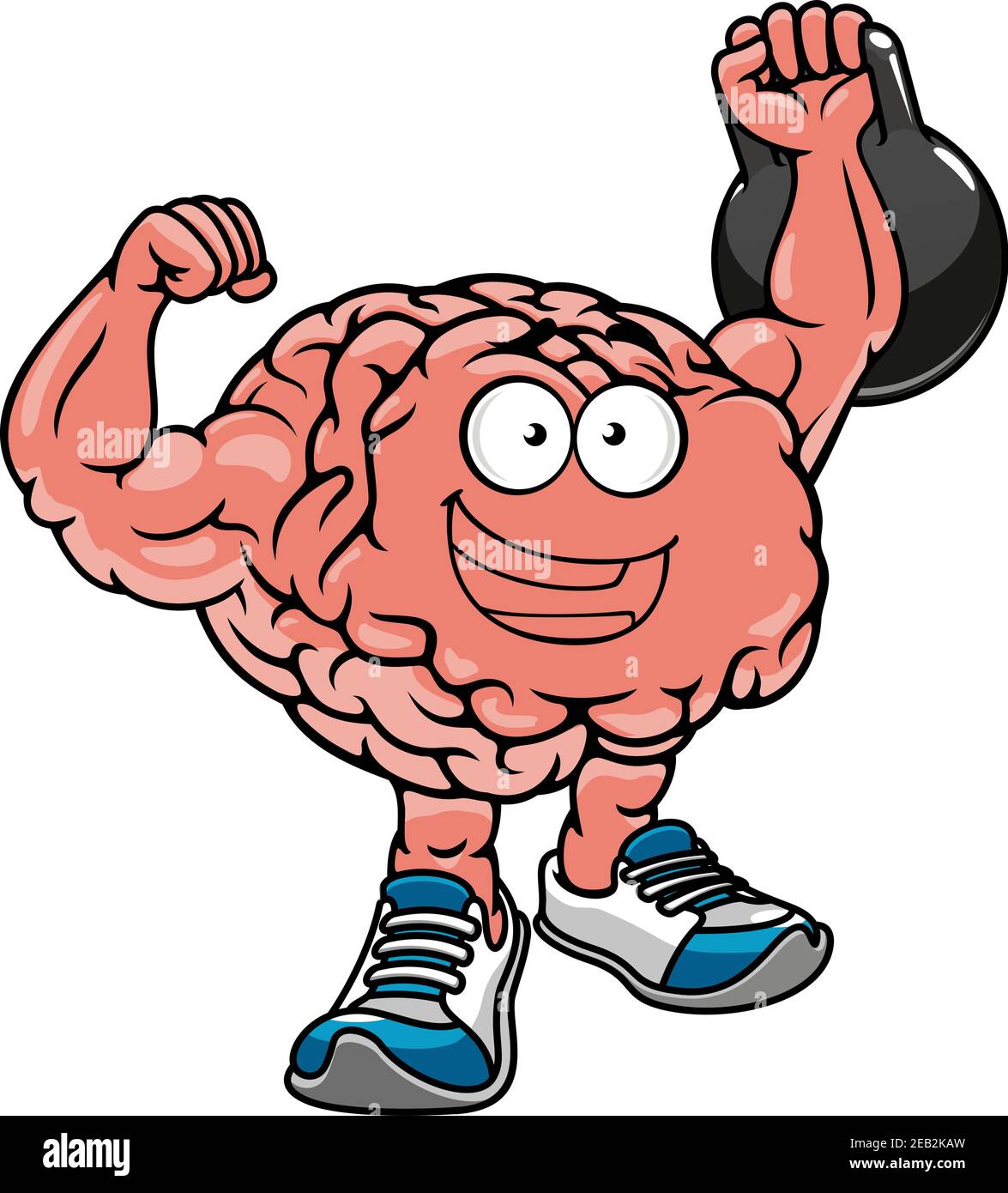 Brawny cartoon brain with muscles lifting weights and cheering, for ...