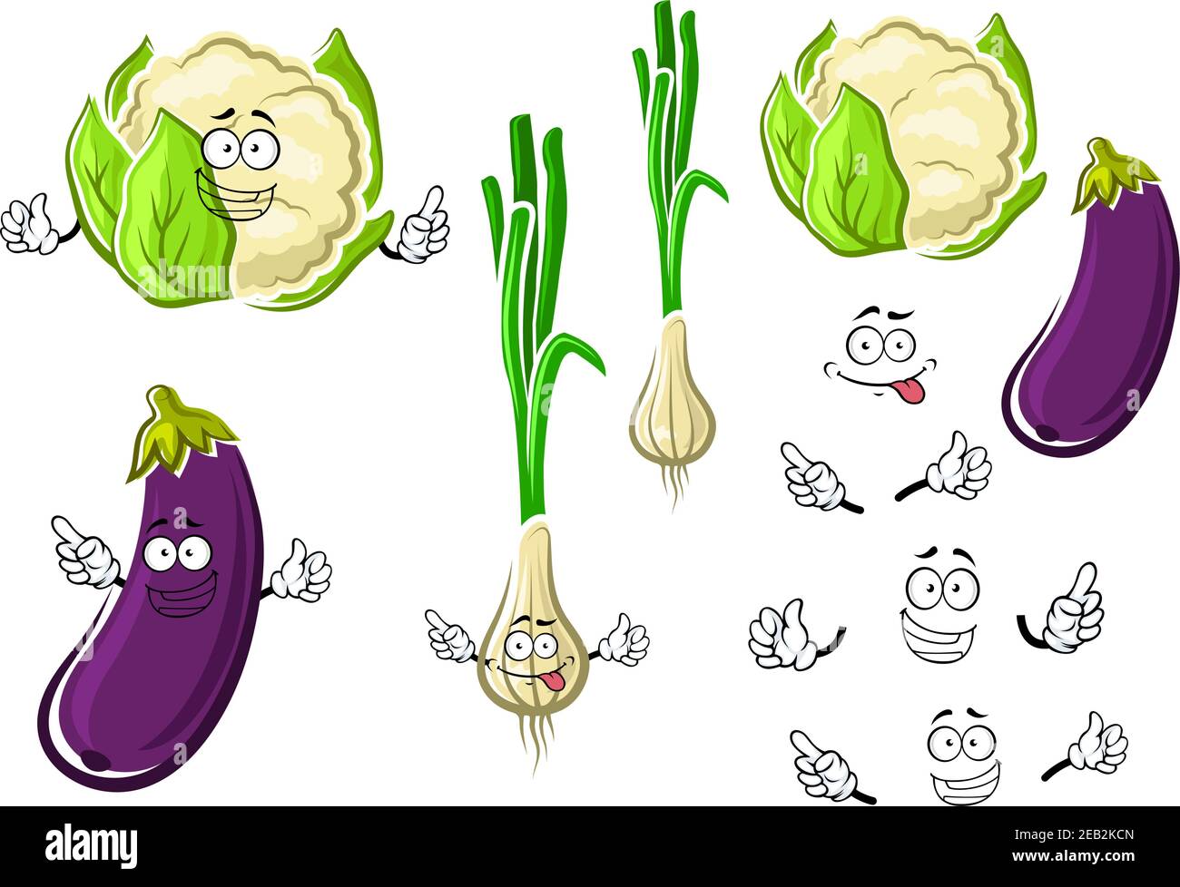 Fresh cauliflower, green onion and purple eggplant vegetables cartoon ...