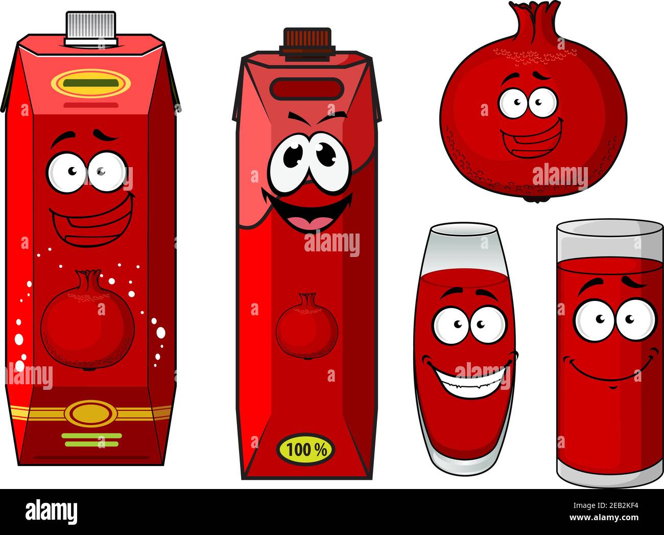 Cartoon pomegranate juice containers with happy smiling faces in ...
