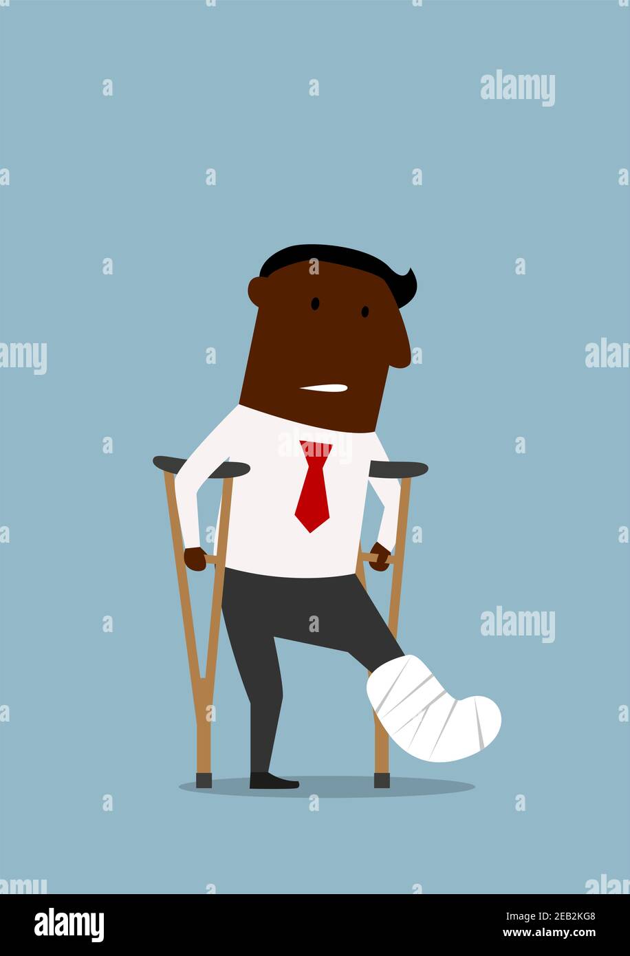 African american businessman standing with crutches and showing cast on ...