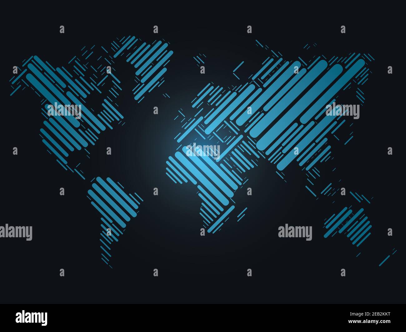 Striped world map. Blue led light futuristic design on dark background ...