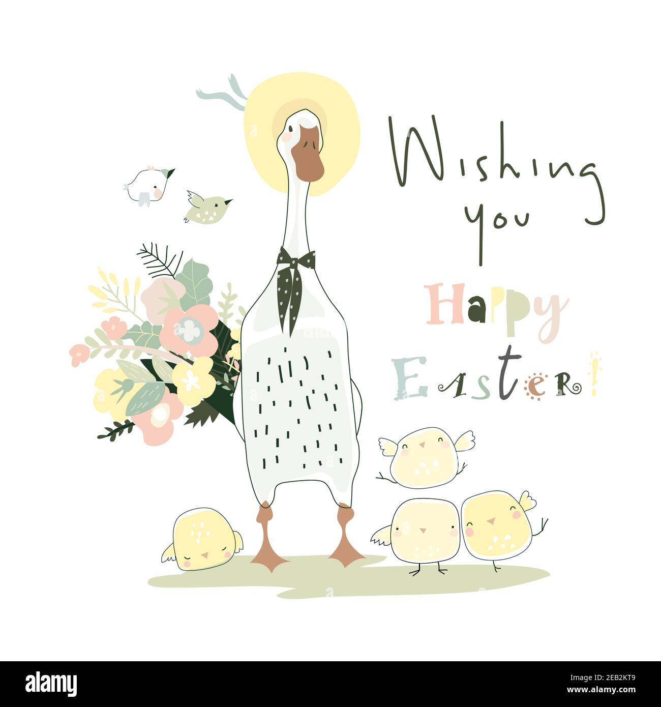 Cute cartoon goose and chicks celebrating Easter Stock Vector Image ...