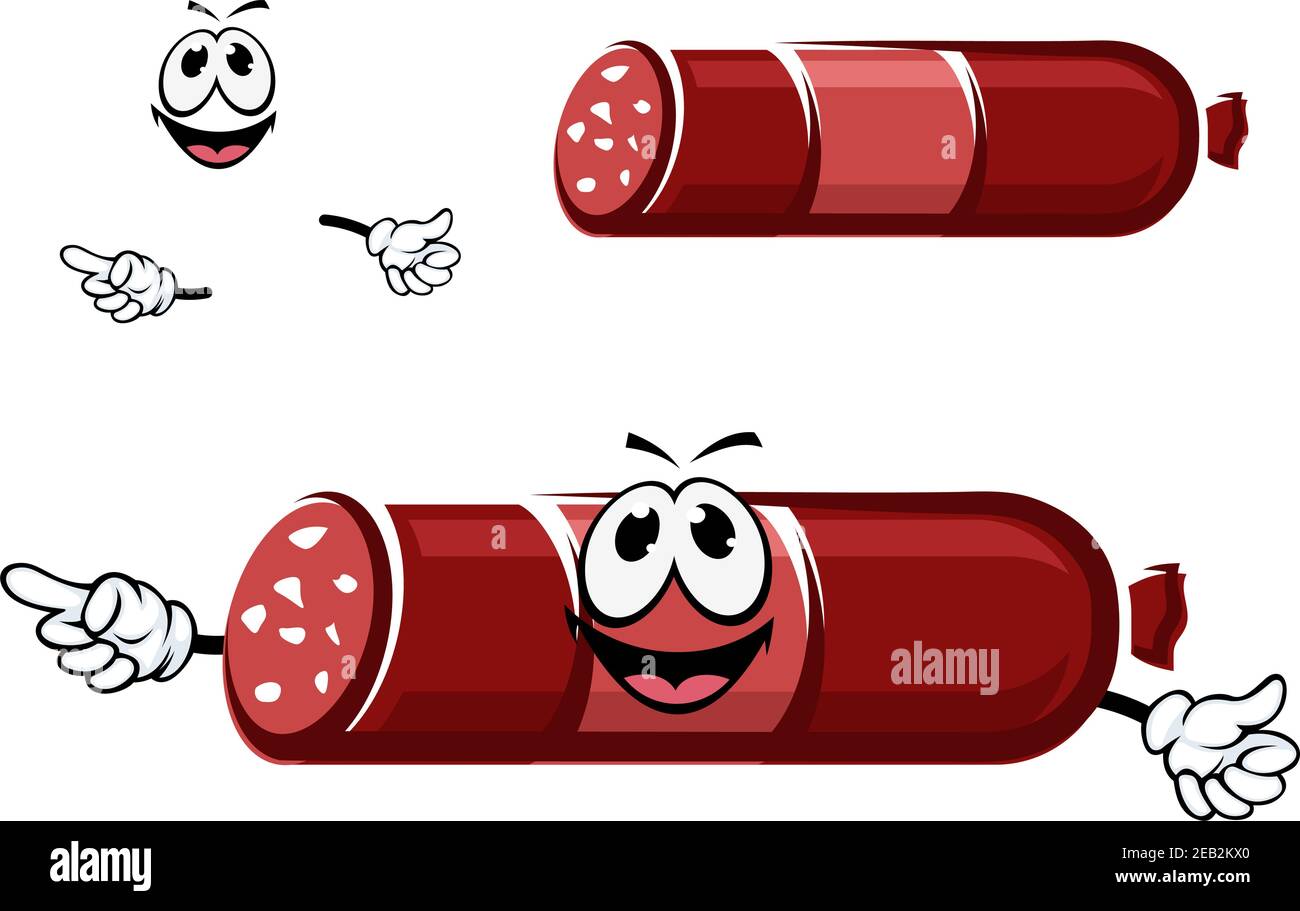 Cartoon smoked beef sausage character in red casing with happy smiling ...
