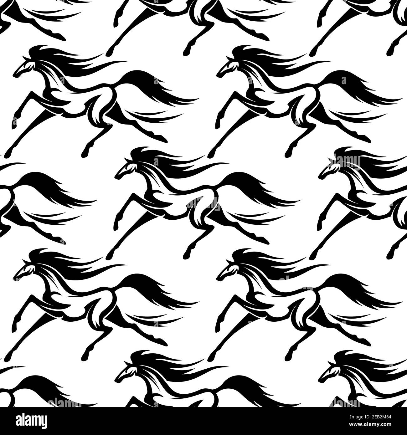 Strong racing horses black outline seamless pattern on white background ...