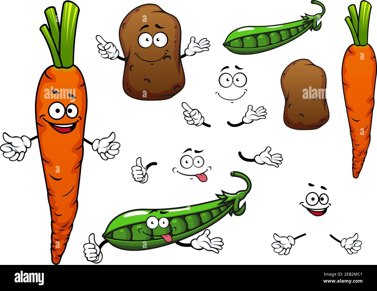 Happy orange carrot, brown potato and green pea pod vegetables cartoon ...