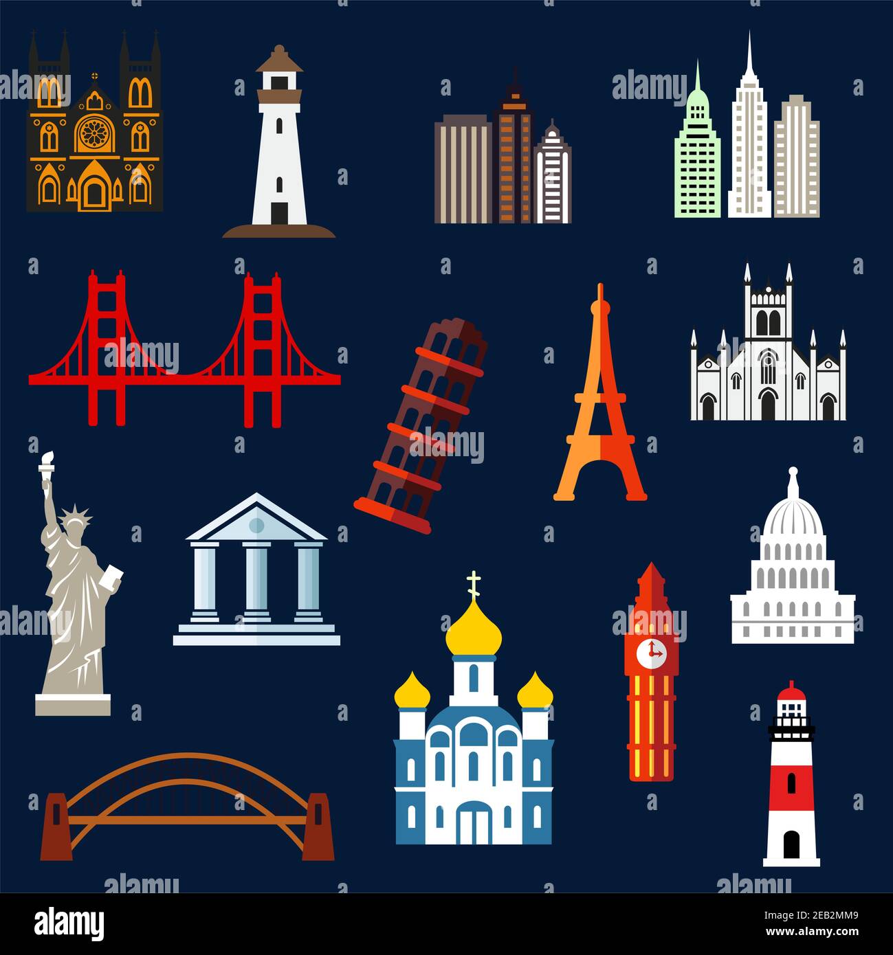 World travel landmarks flat icons with Statue of Liberty, Eiffel and ...