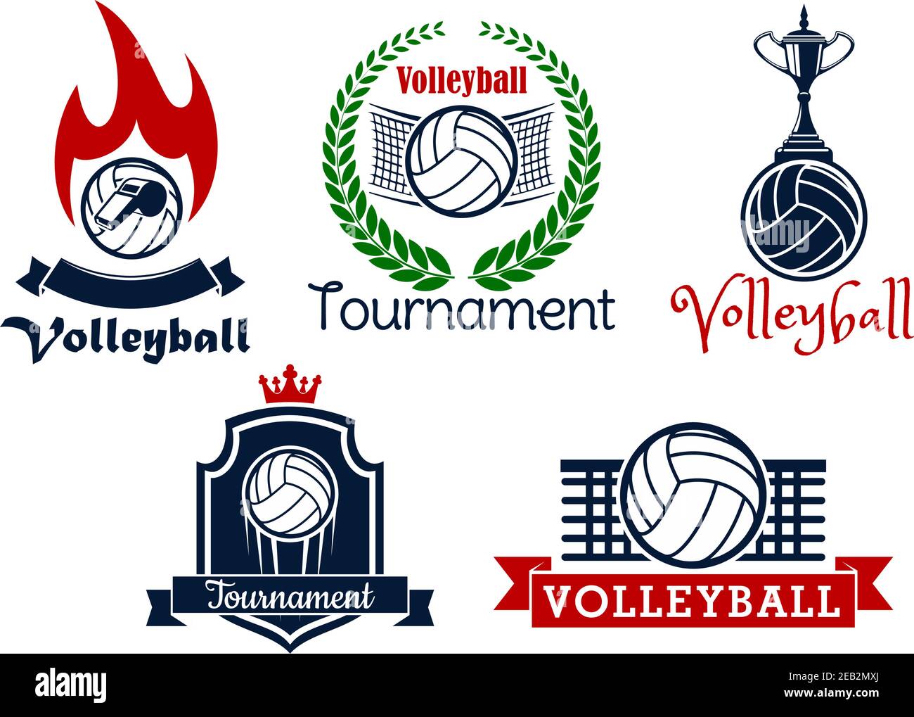 Volleyball sport game heraldic icons and symbol with balls, net, trophy ...