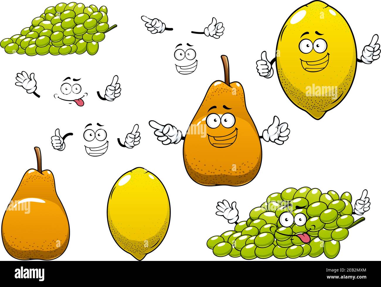 Healthful fresh yellow lemon, green grape and ripe orange pear fruits ...