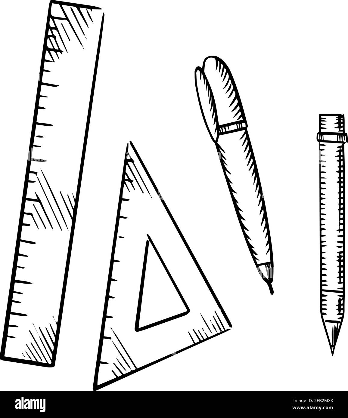 Pencil, ballpoint pen, triangle and ruler icons isolated on white ...