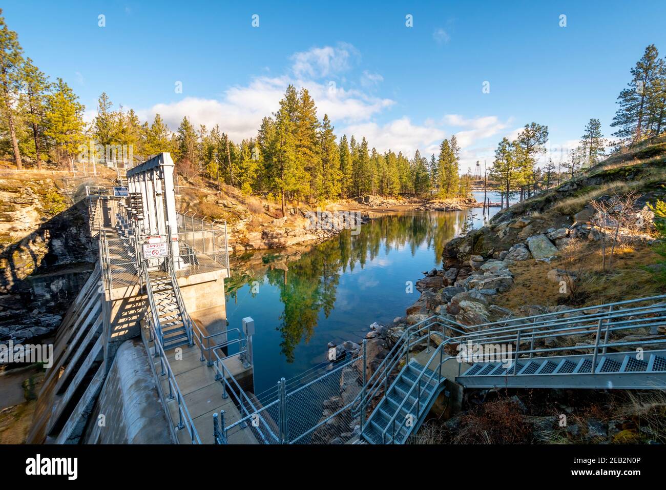 The Spokane River as it backs up against the Post Falls Dam in the Post ...