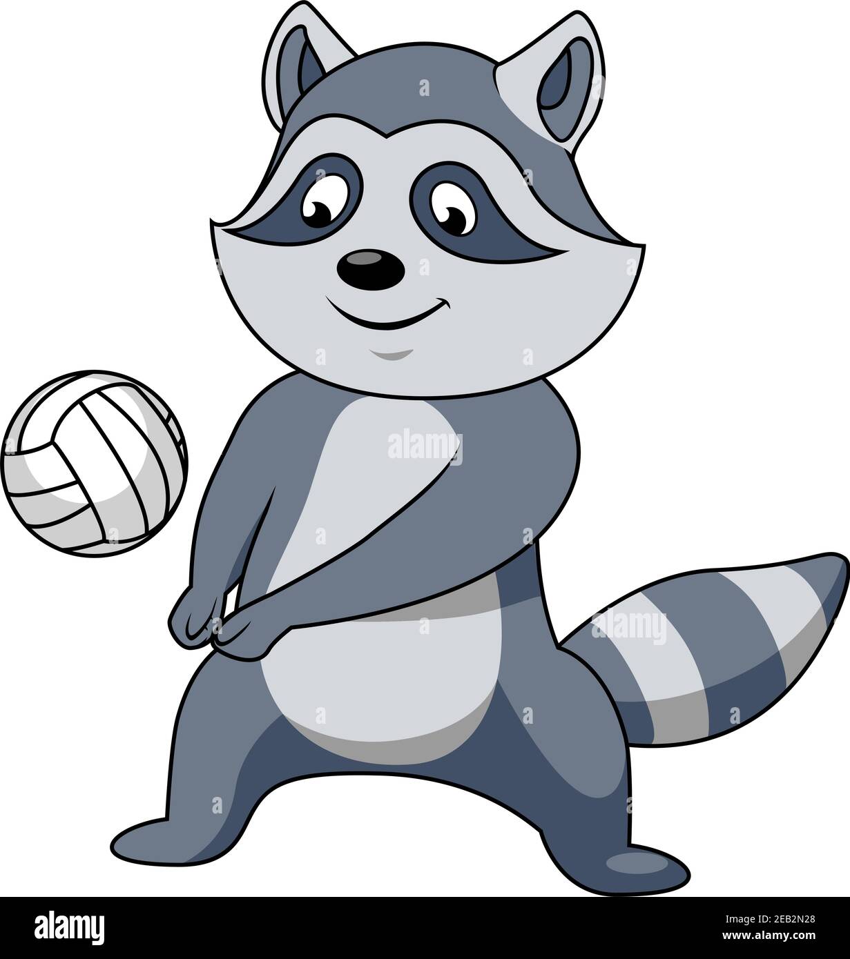 Cartoon raccoon player character with volleyball ball for sport or ...