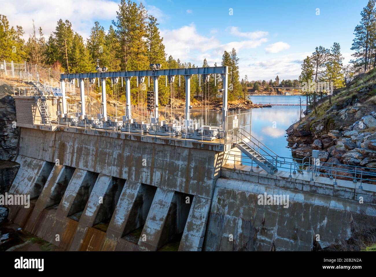 View of the Post Falls dam and Spokane River in the small town of Post ...