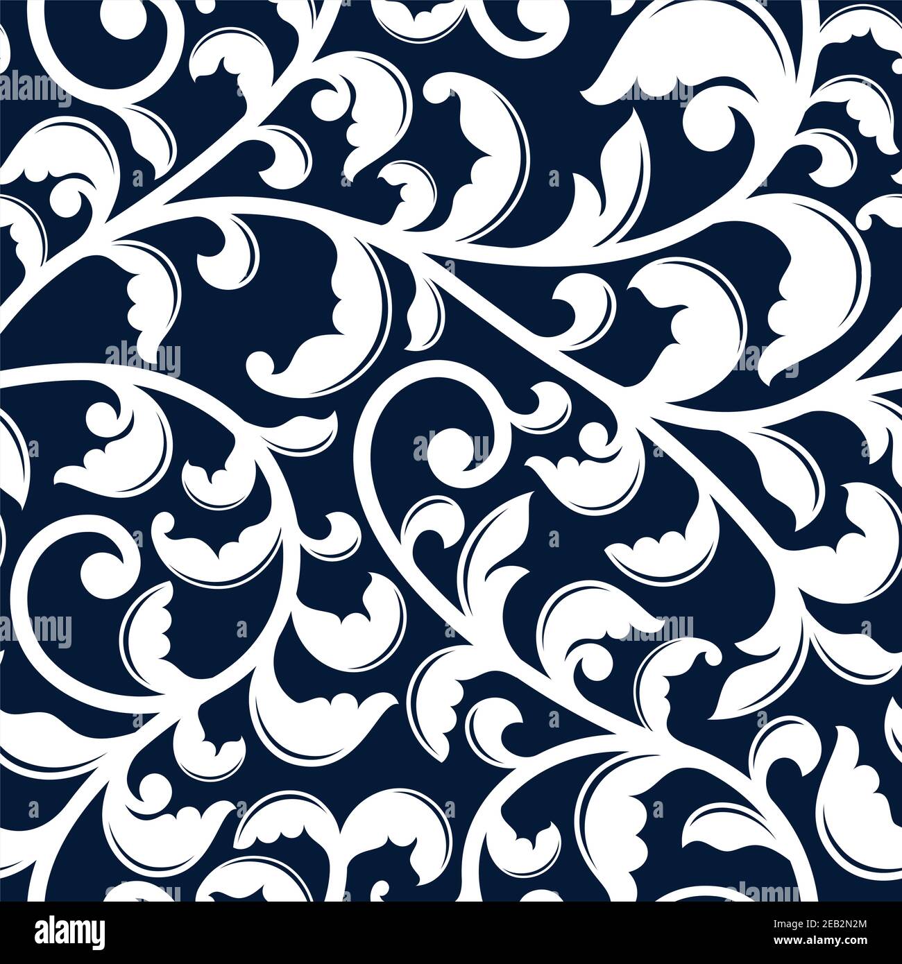 Elegant floral seamless pattern of curved white flourishes with foliage ...