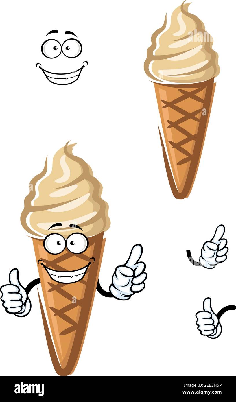 Smiling ice cream cone cartoon character with caramel flavor and sugar ...