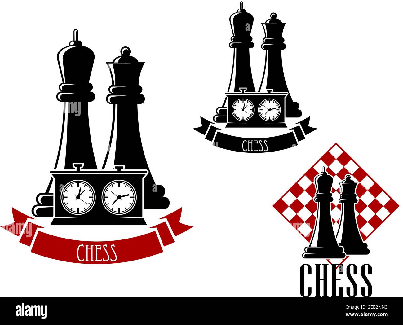 Chess tournament icons with black kings and queens behind game clock ...