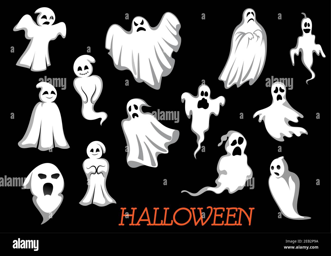White flying Halloween monsters and ghosts isolated on background, for ...