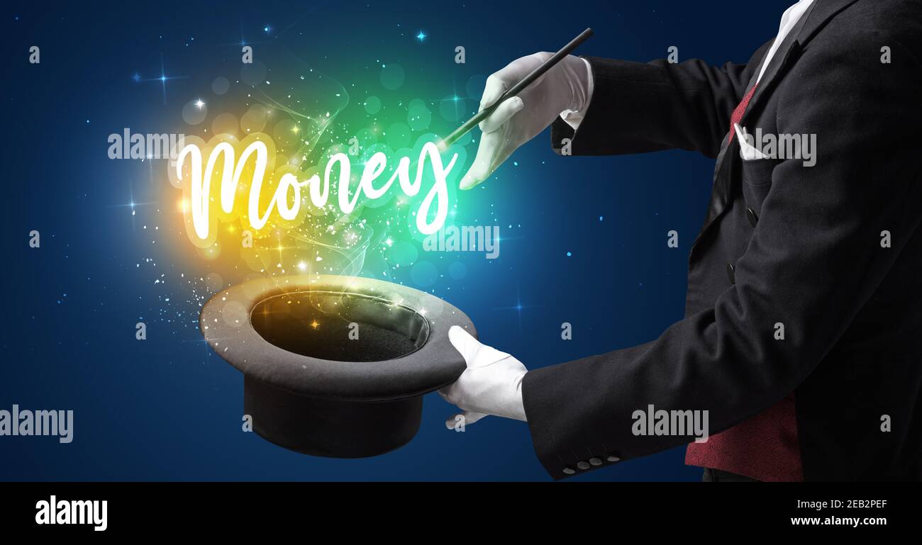 Magician hand conjure with wand and Money inscription, shopping concept ...