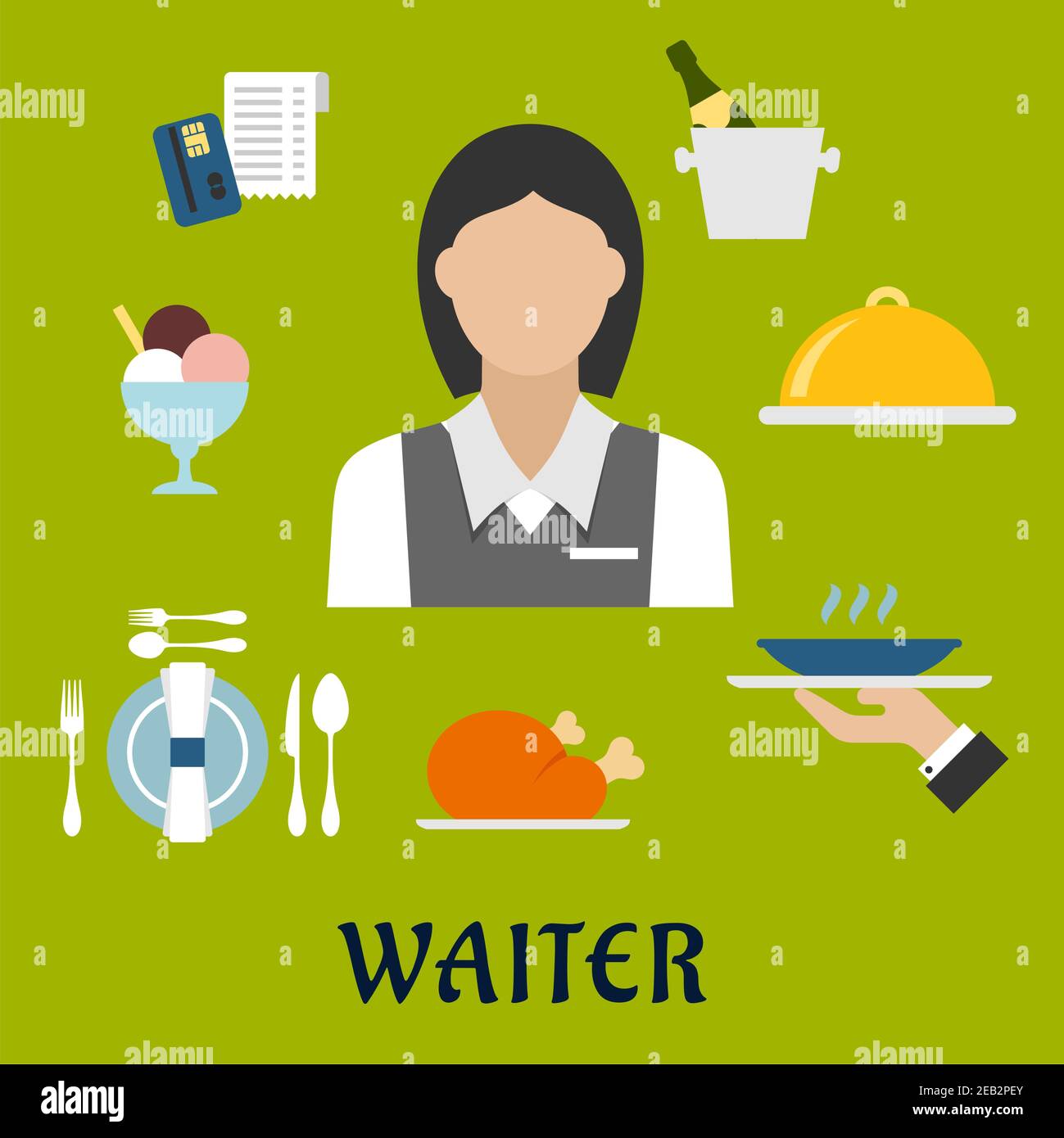 Waiter profession flat icons with waitress in elegant uniform ...