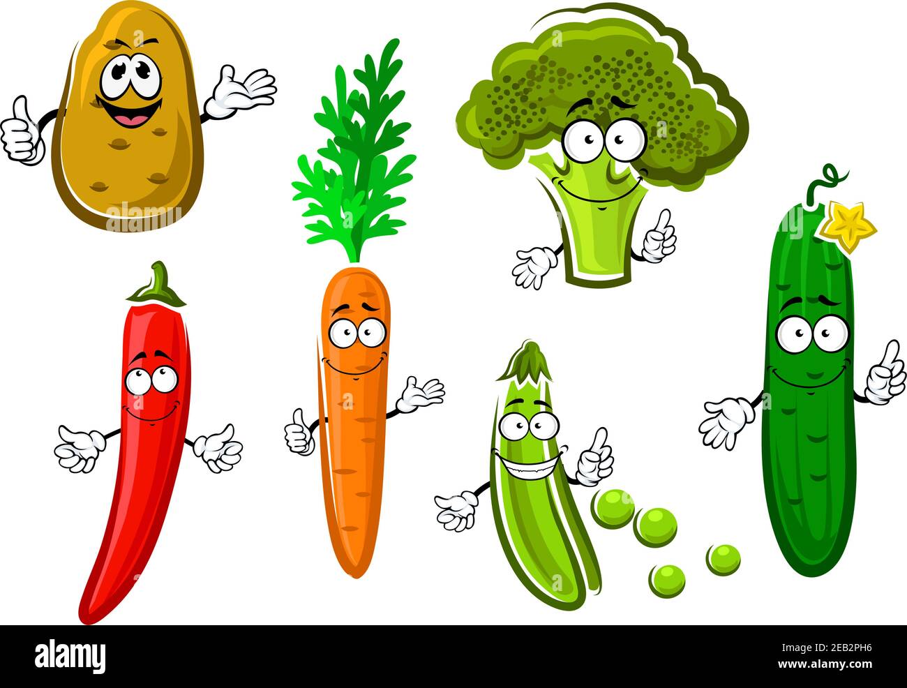 Cartoon carrot, potato, cucumber, pea, broccoli and chilli pepper ...