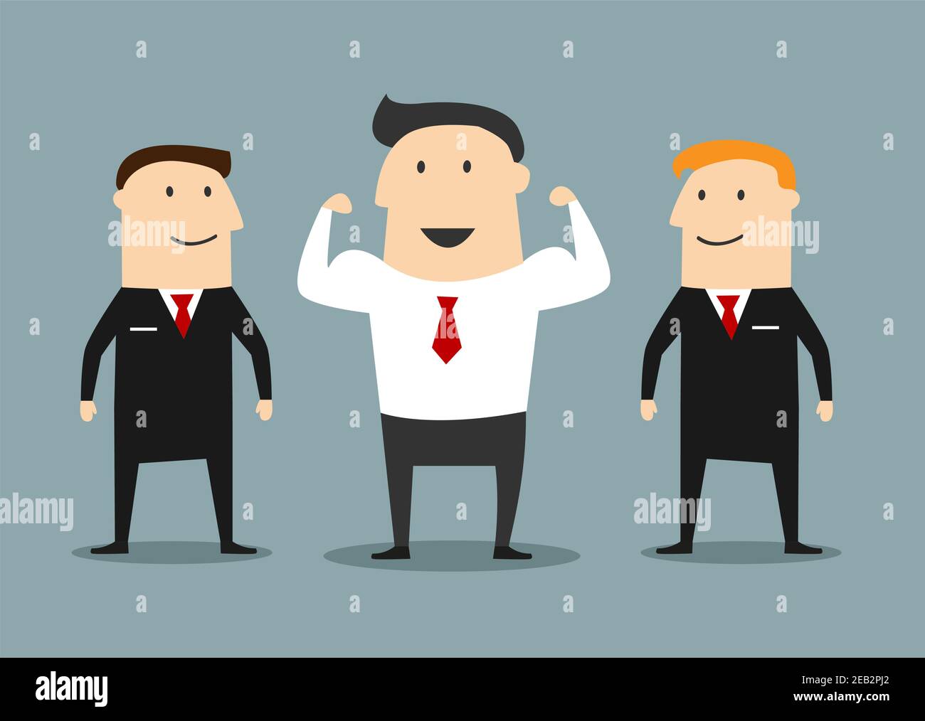 Smiling businessman show strength between bodyguards. Cartoon flat ...