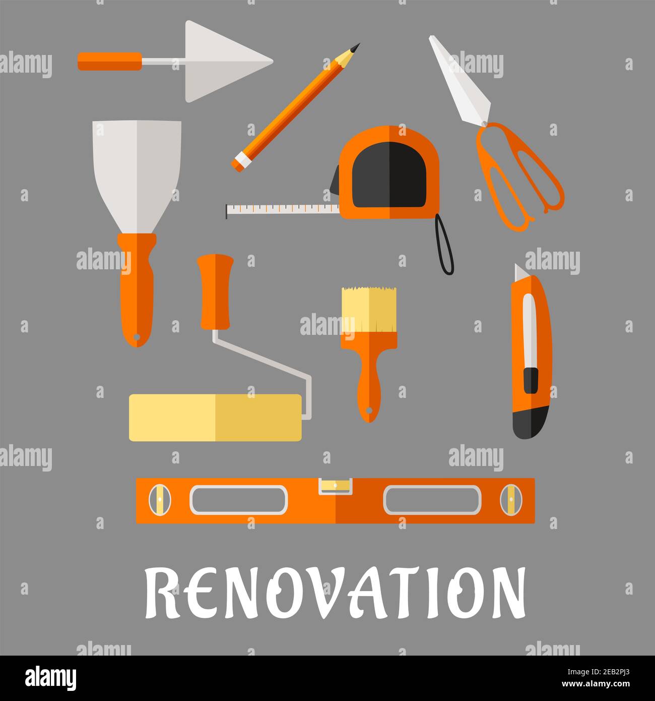 Renovation and construction tools flat icons with pencil, roulette and ...