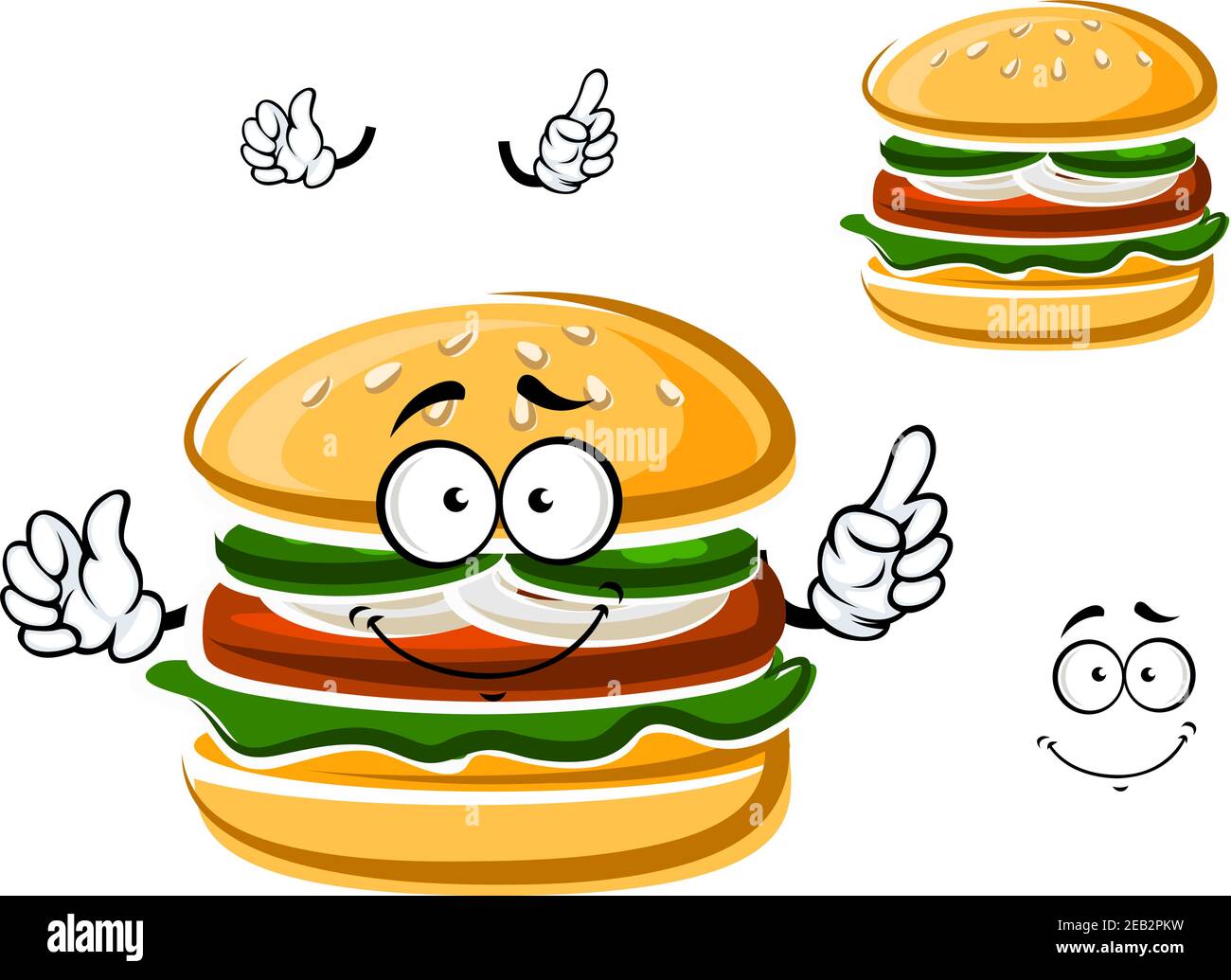 Funny hamburger cartoon character with beef patty, onion, cucumber and ...