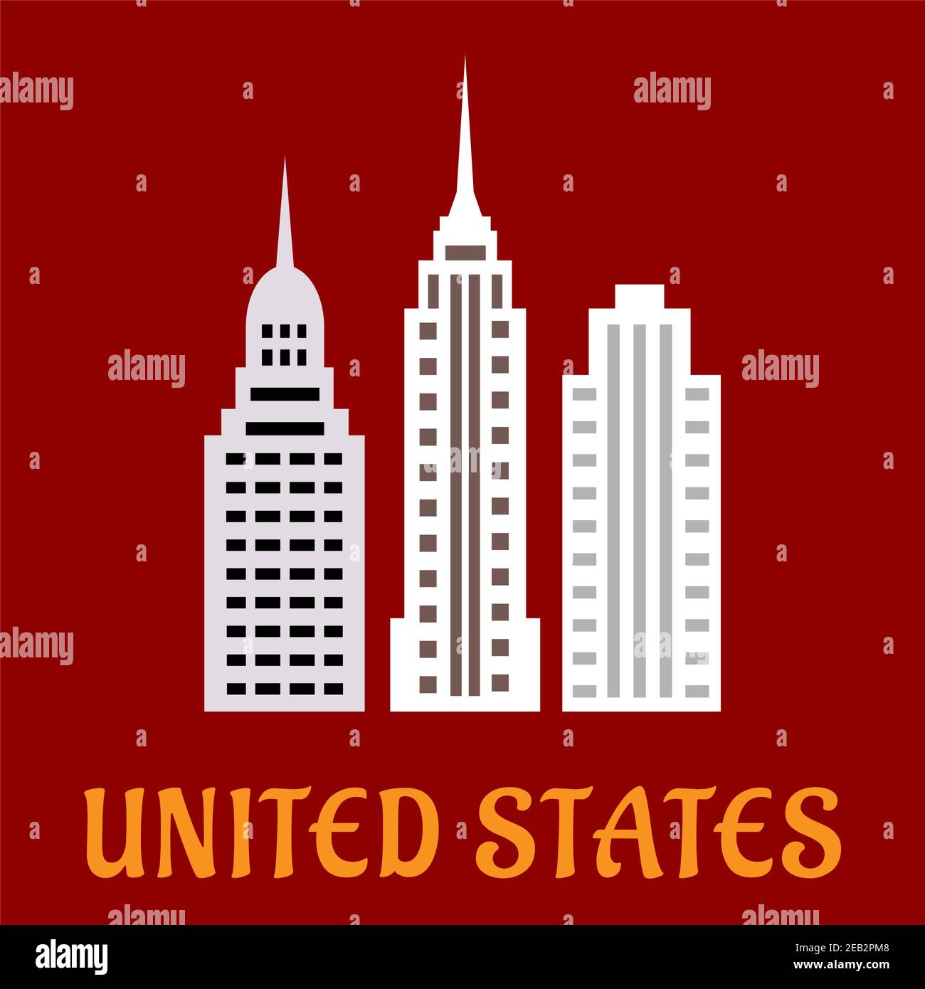 High american skyscrapers flat icons with white silhouettes of ...