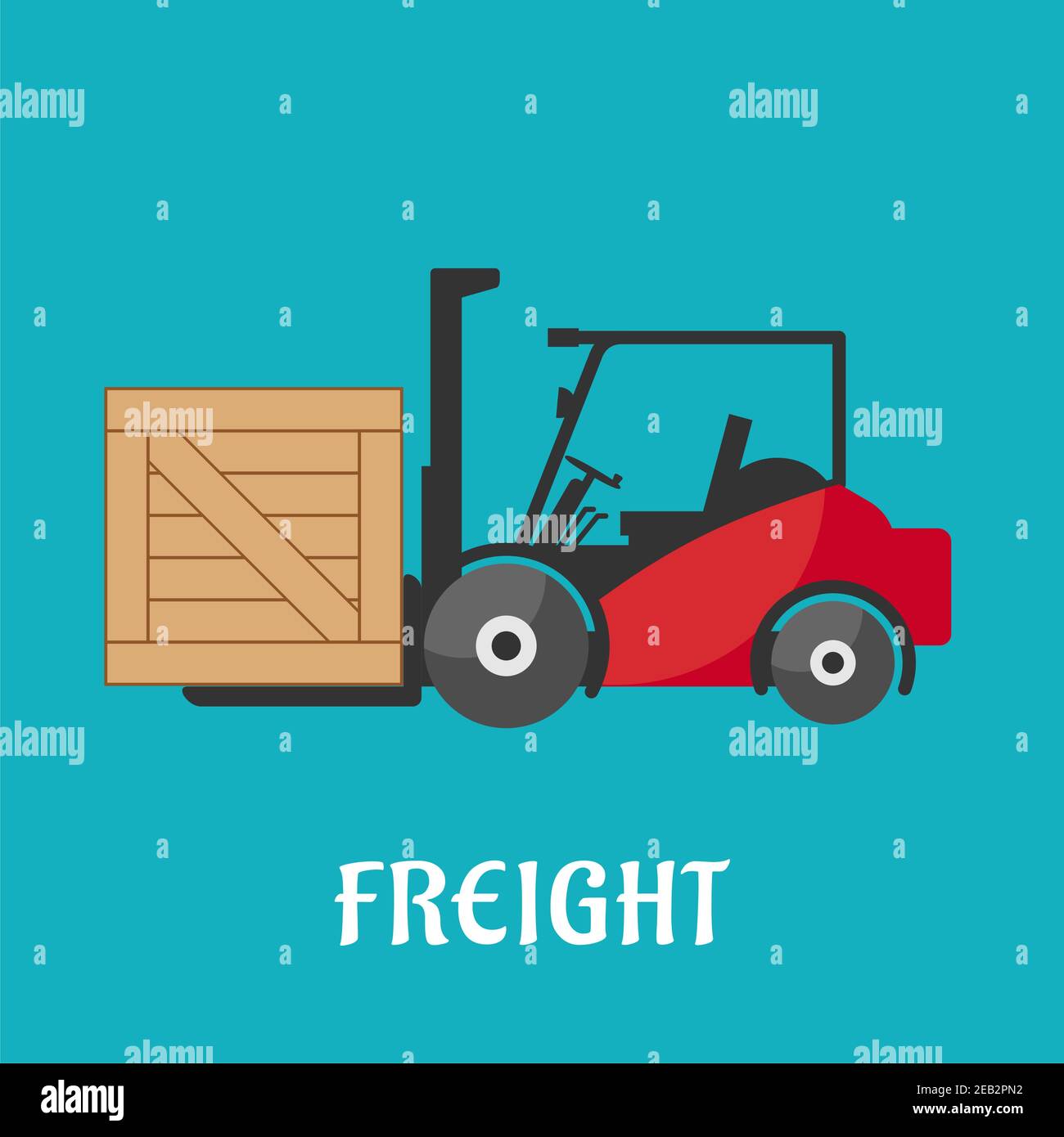 Freight delivery icon in flat style with red forklift truck and wooden ...