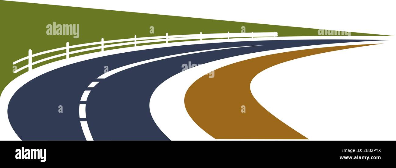 Country road symbol with highway among green field, fenced by guard ...