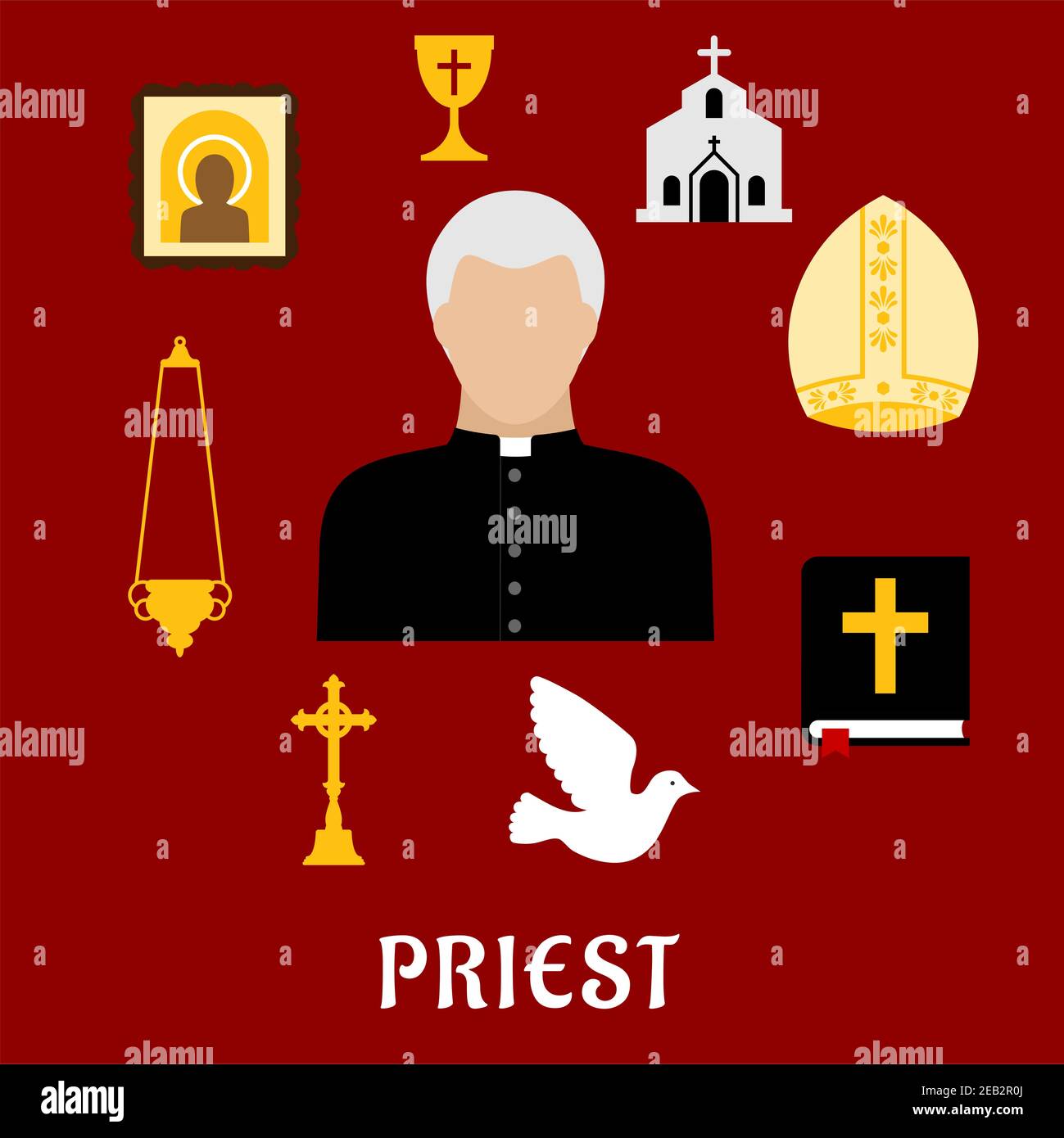 Priest profession with flat symbols of mature man, surrounded by the ...