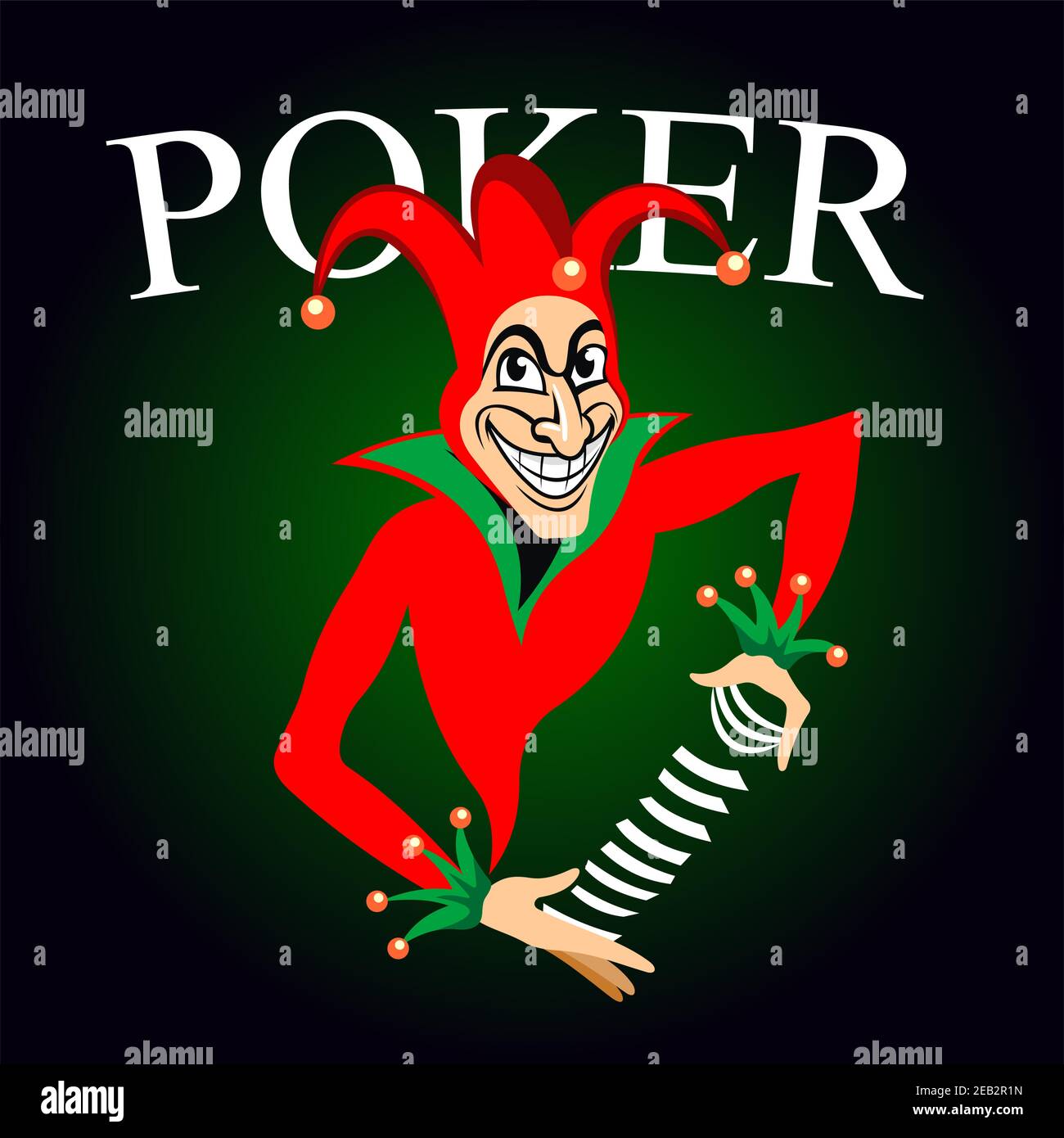 Poker game emblem with cartoon joker in colorful costume and hat with ...