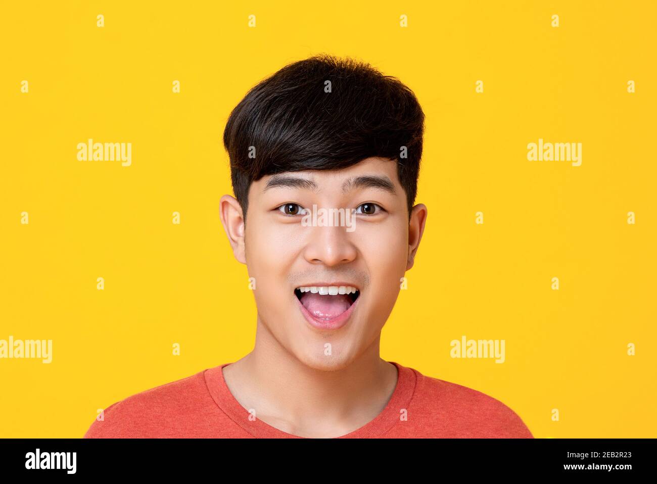 Studio portrait of handsome young Asian man face smiling with mouth ...
