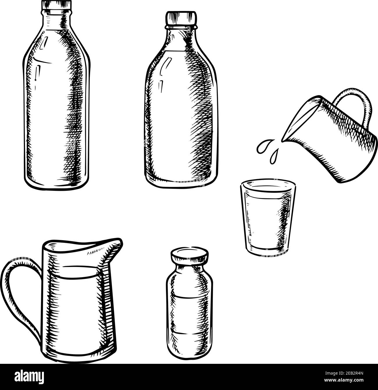 Fresh farm milk in bottles, jugs and glass. Isolated on white ...