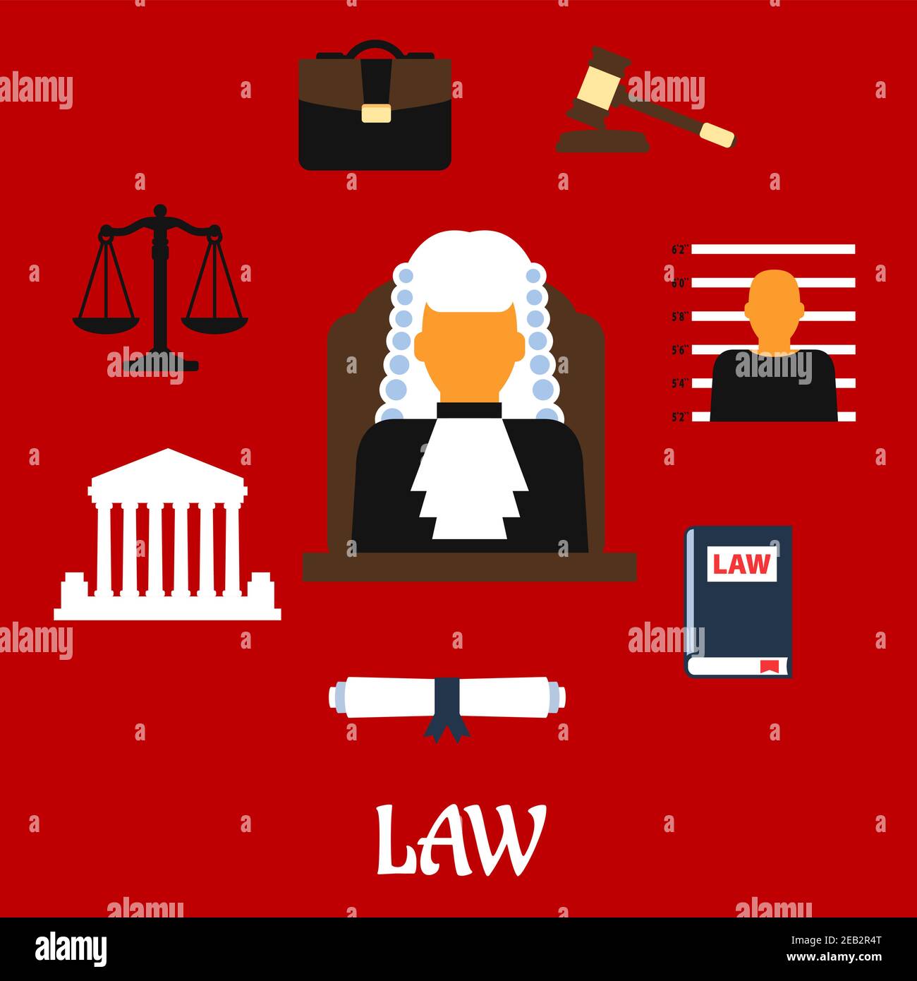 Judge profession flat icons with judge man in mantle and wig, encircled ...