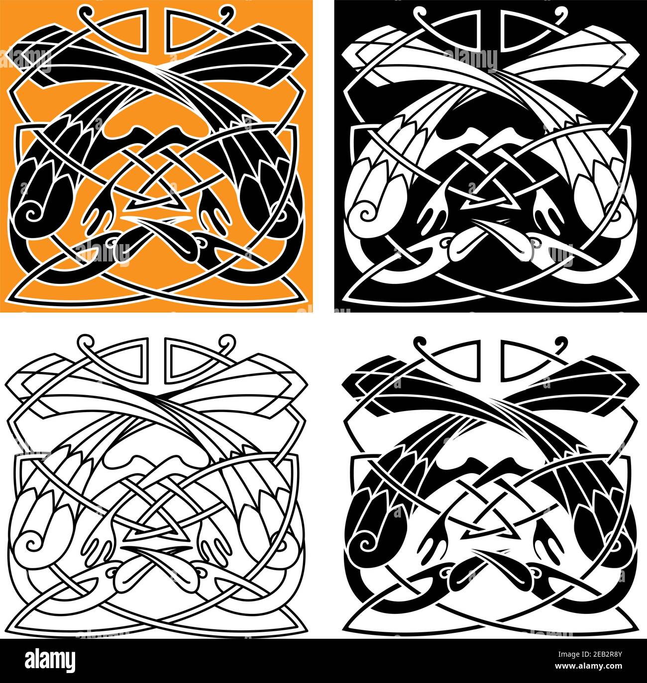 Celtic vintage ornament with playing heron birds, intertwined by crests ...