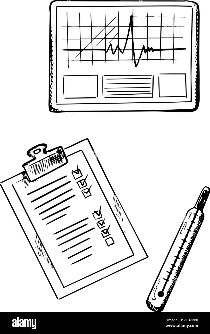 Heart cardiogram graph, clipboard with medical history form and glass ...