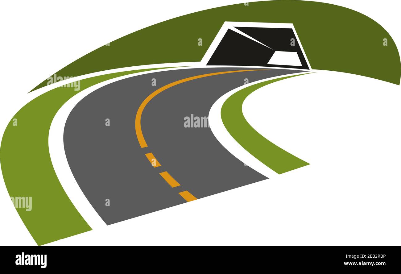 Highway tunnel abstract icon with underpass road through green steep ...