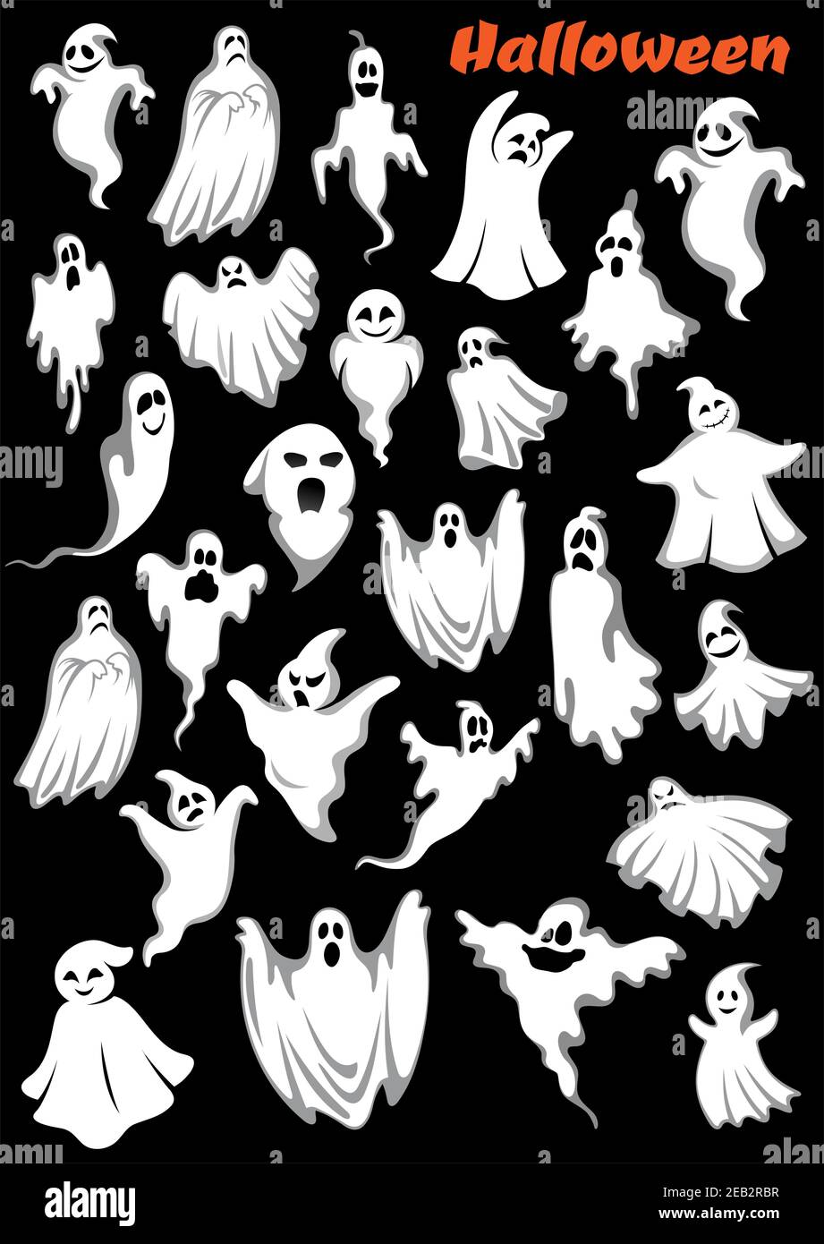 White flying monsters, ghouls and ghosts. Isolated on background. for ...