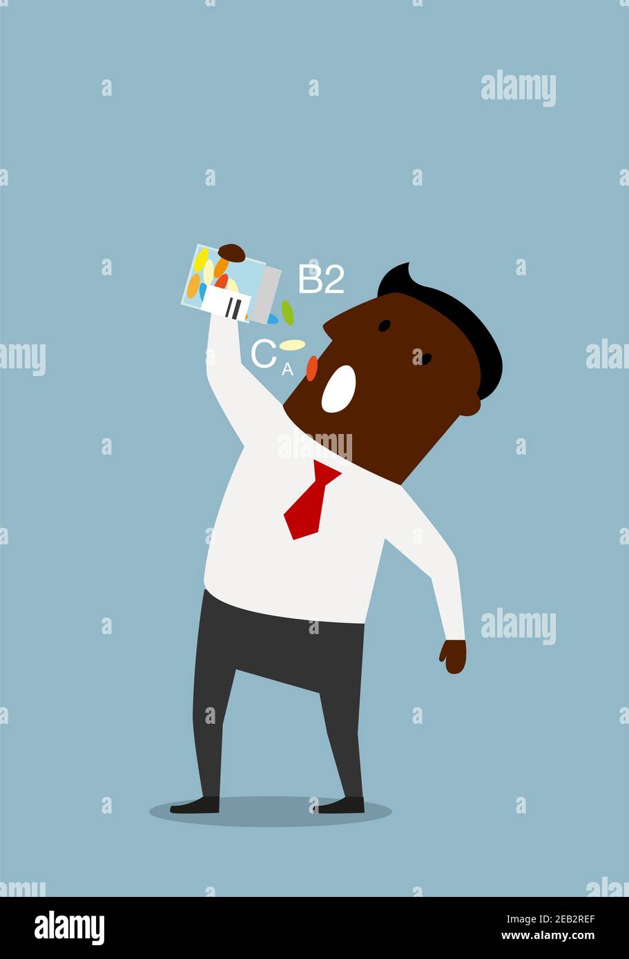 African american businessman taking colorful vitamins from a bottle ...