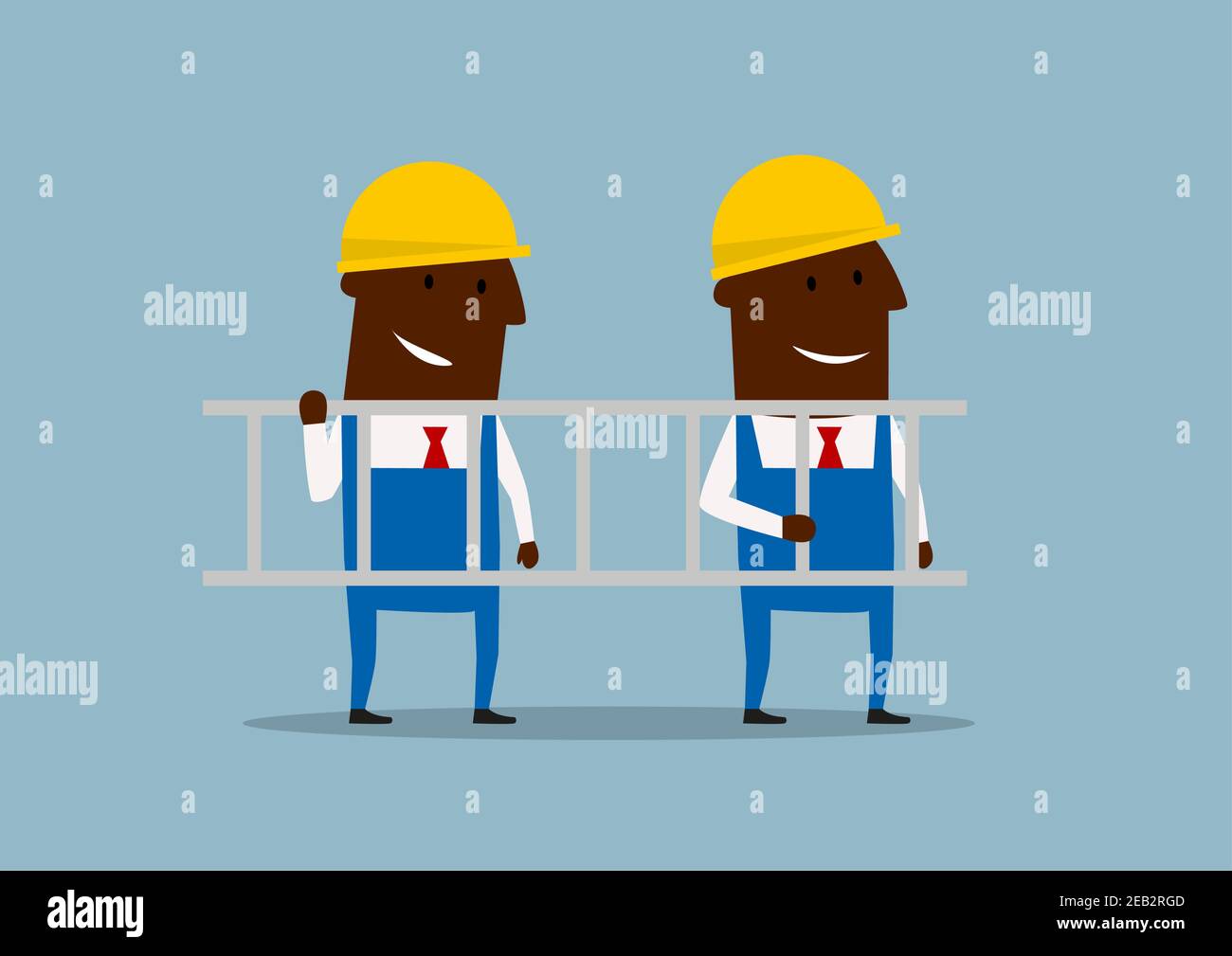 African american happy cartoon engineers in yellow helmets carrying ...